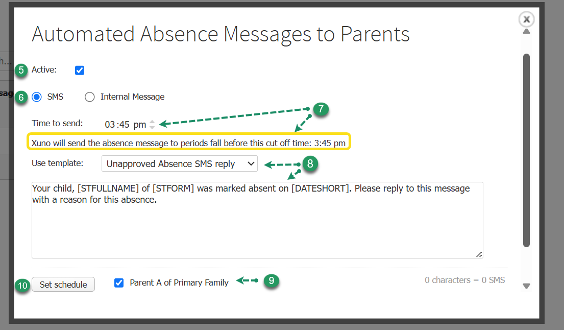 Send an attendance absence message to parents or carers